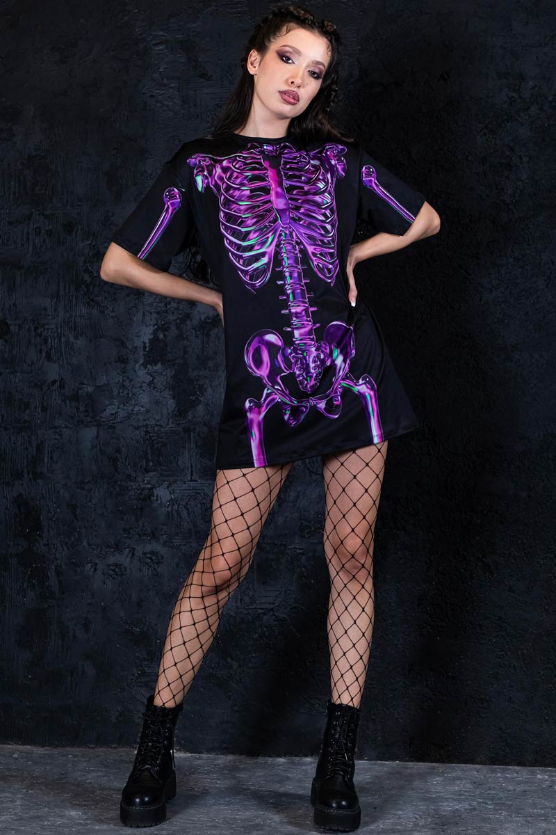 Purple Skeleton Oversized Tee Shirt Dress for Halloween | Devil Walking
