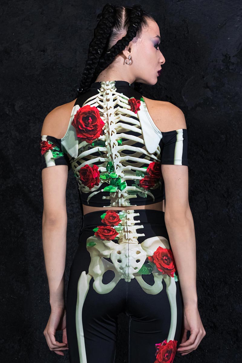 Skeleton & Roses Cold Shoulder Crop Top | Devil Walking
