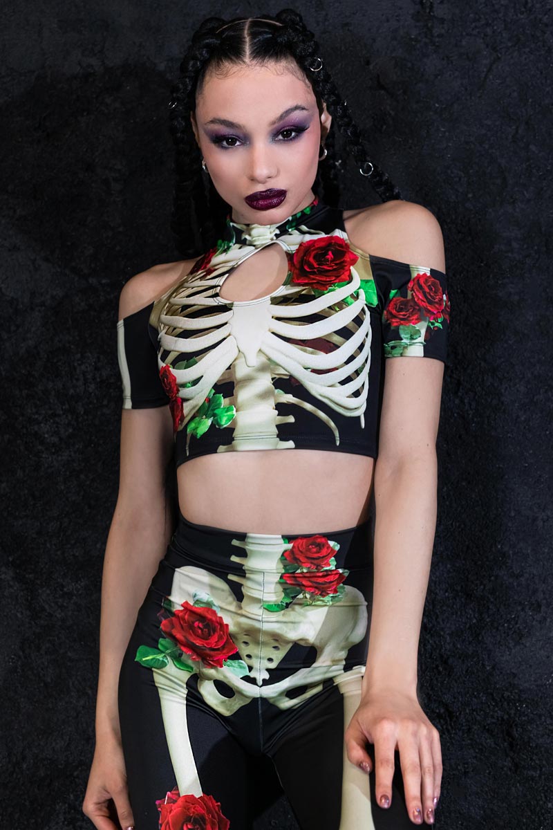 Skeleton & Roses Cold Shoulder Crop Top | Devil Walking