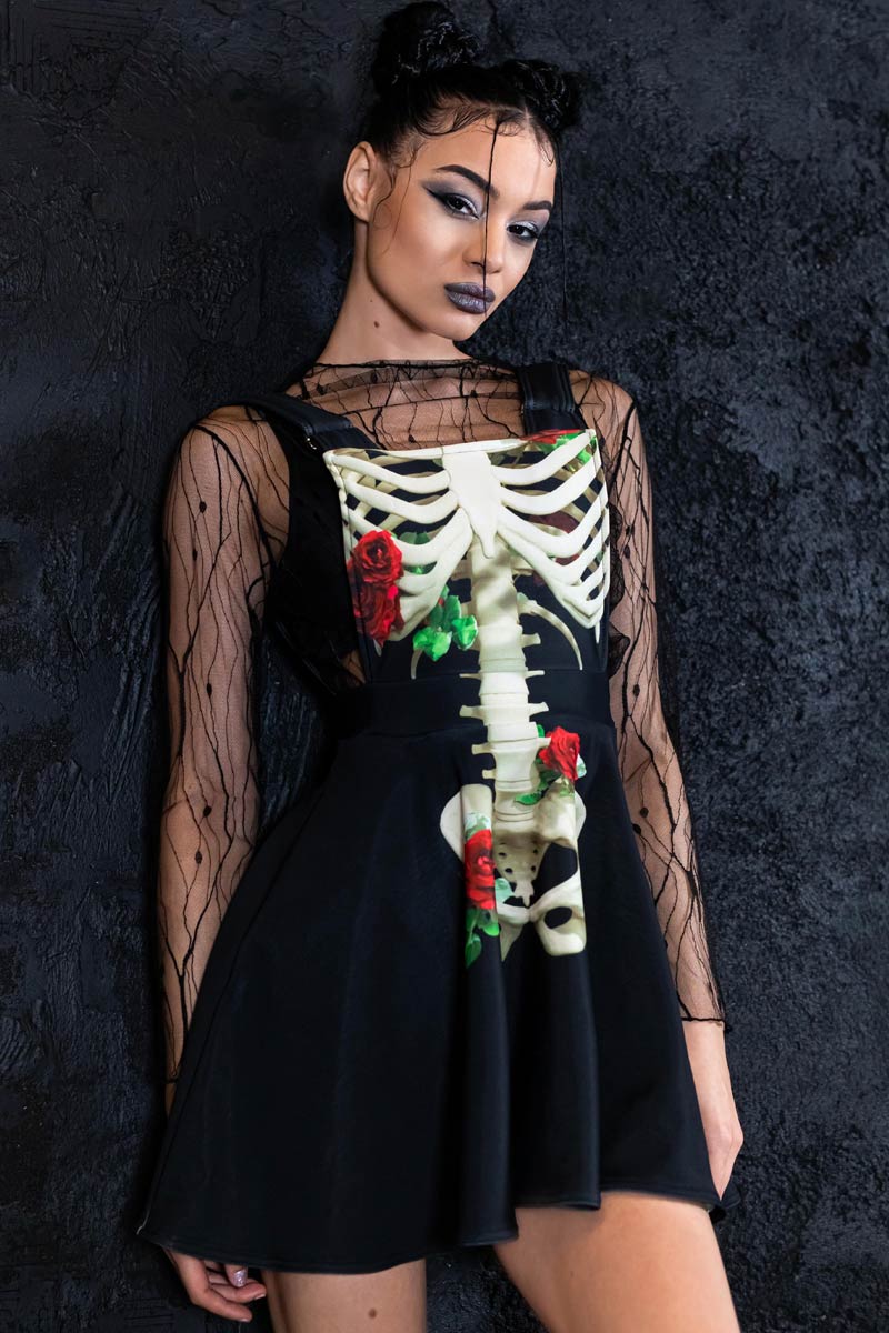 Skeleton & Roses Pinafore Dress with Roses & Skeleton | Devil Walking