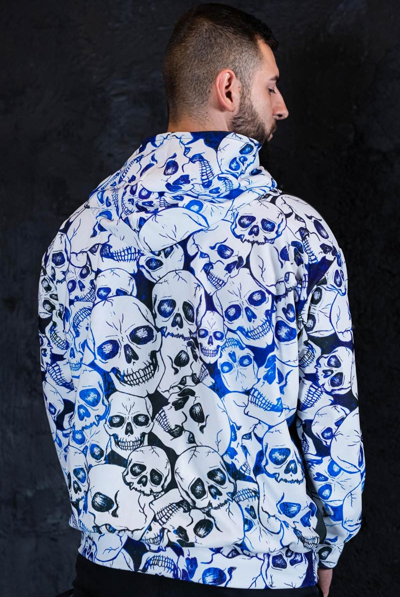Skull Gang Men Hoodie in White, Blue & Black | Devil Walking