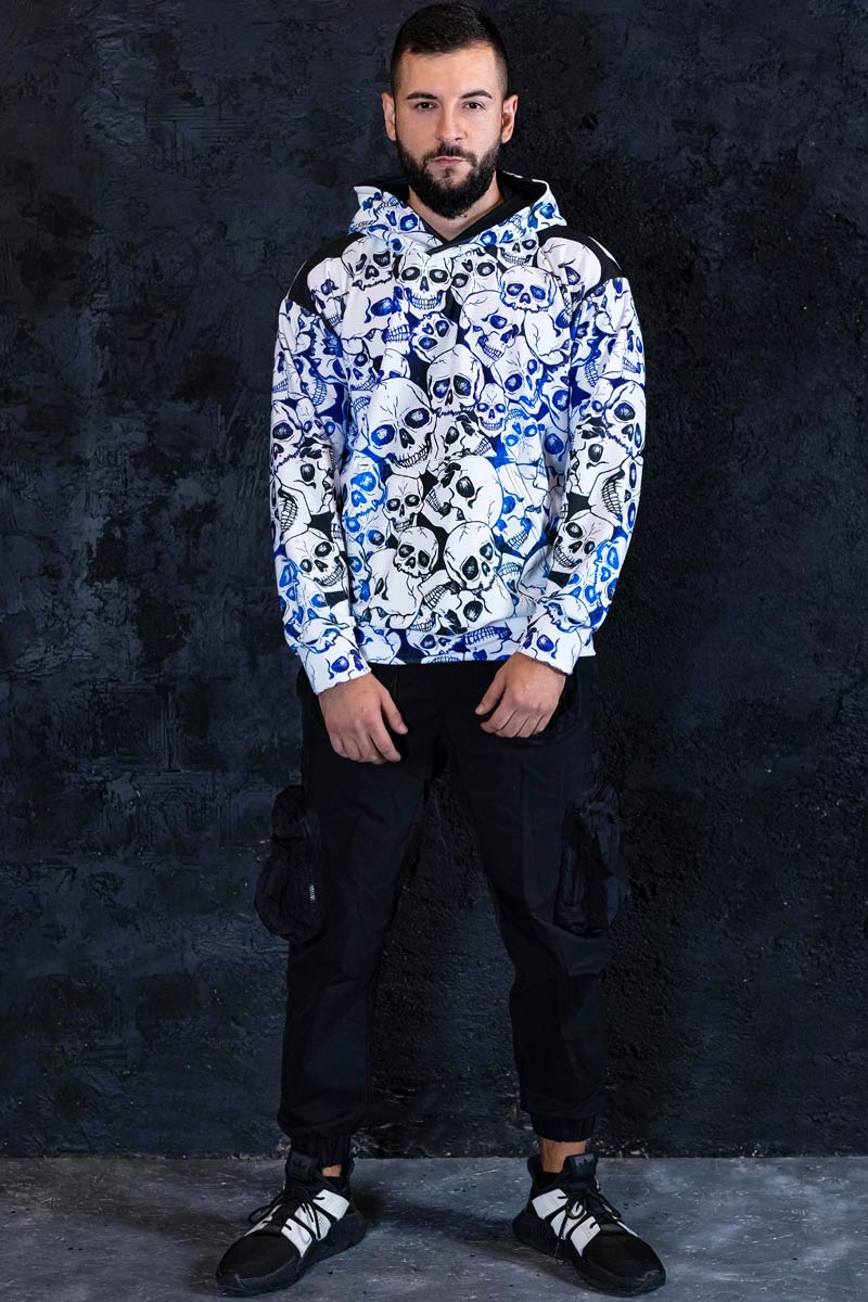 Skull Gang Men Hoodie in White, Blue & Black | Devil Walking
