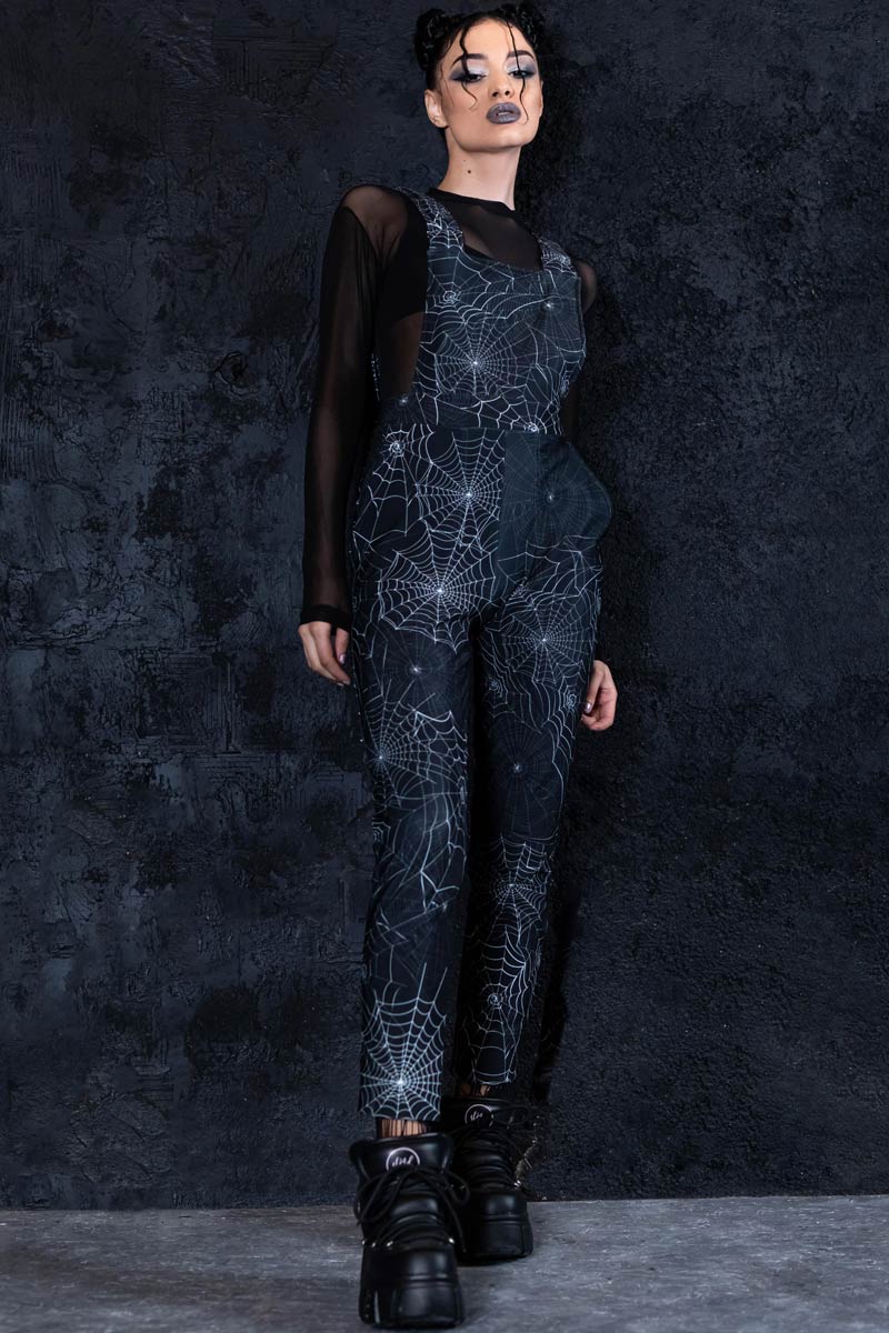 Black Spider Web Gothic Overalls for Women | Devil Walking