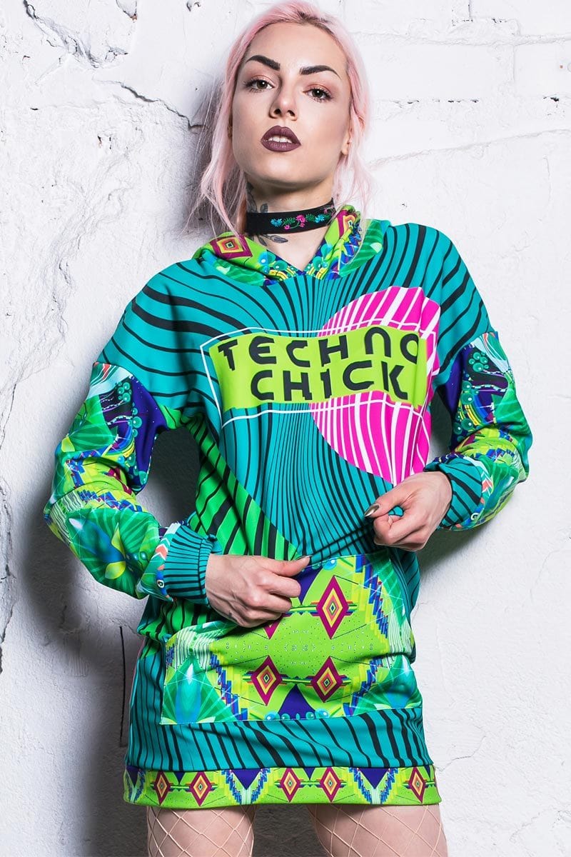 Comfy Techno Chick Hoodie Dress in Green | Devil Walking