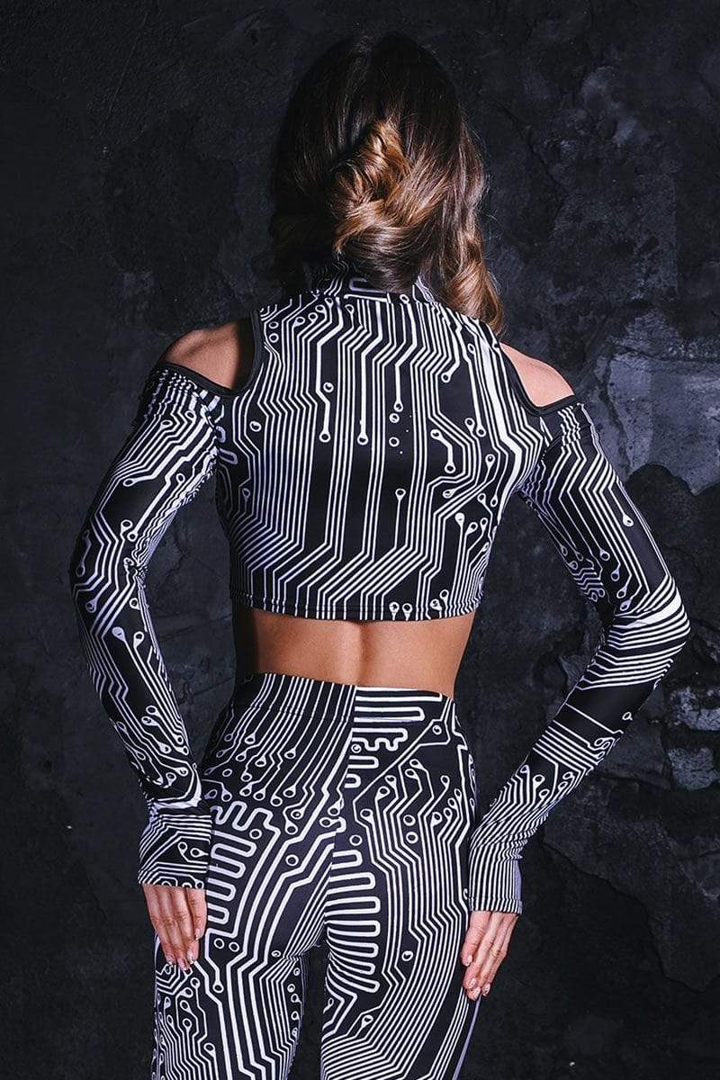Circuit Board Cold Shoulder Crop Top for Women in Black Print | Devil ...