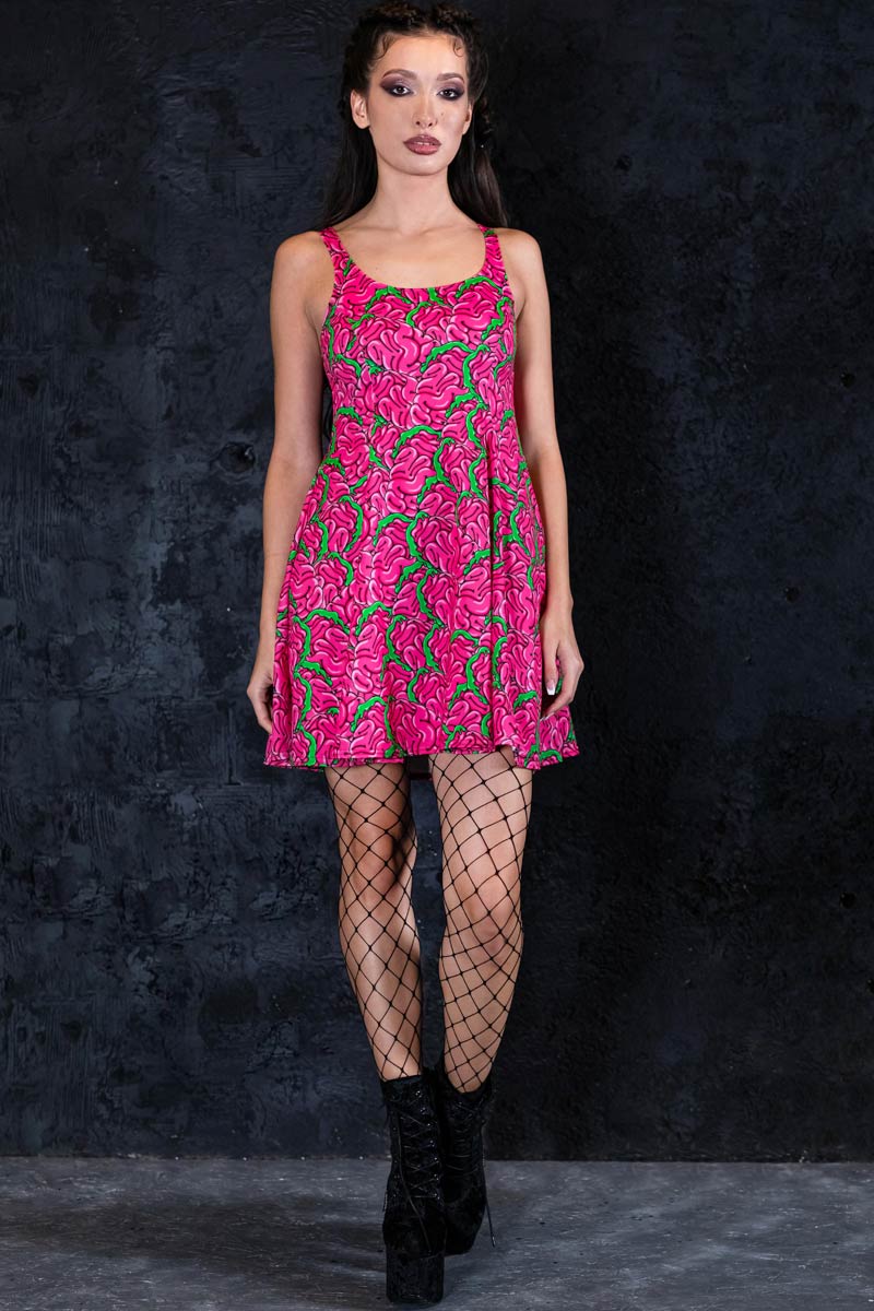 Pink & Green Zombie Brain Skater Dress for Halloween | Devil Walking